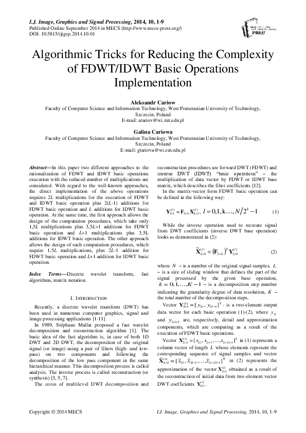 (PDF) Algorithmic Tricks for Reducing the Complexity of FDWT/IDWT Basic ...