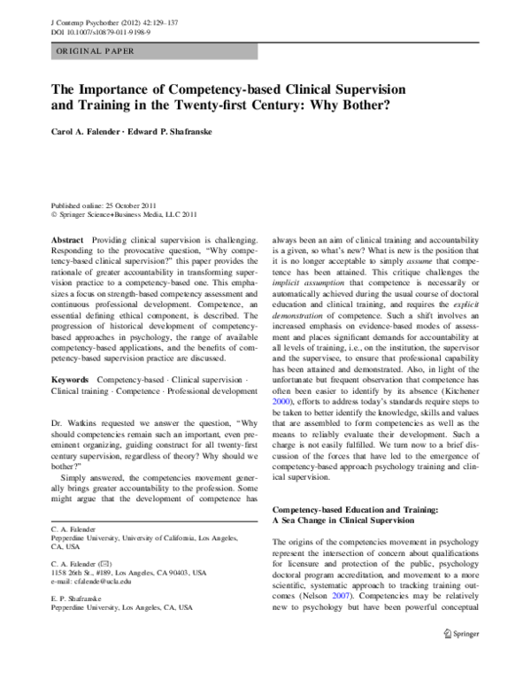 (PDF) The Importance of Competency-based Clinical Supervision and Training in the Twenty-first ...