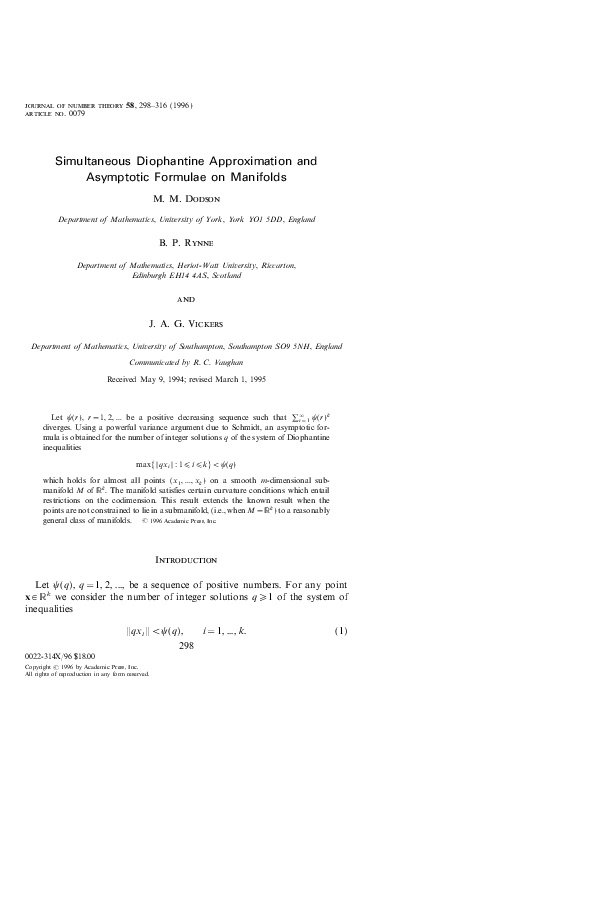 (PDF) Simultaneous Diophantine approximation and asymptotic formulae on manifolds