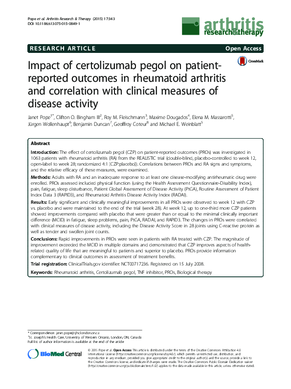(PDF) Impact of certolizumab pegol on patient-reported outcomes in rheumatoid arthritis and ...