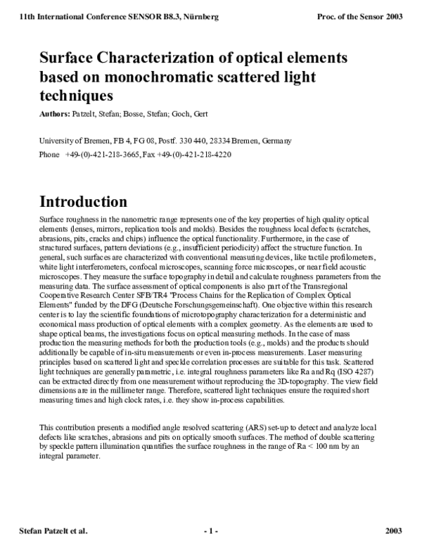 (PDF) Surface Characterization of optical elements based on ...