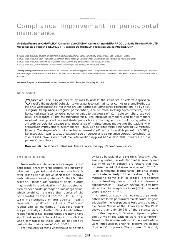 (PDF) Compliance improvement in periodontal maintenance