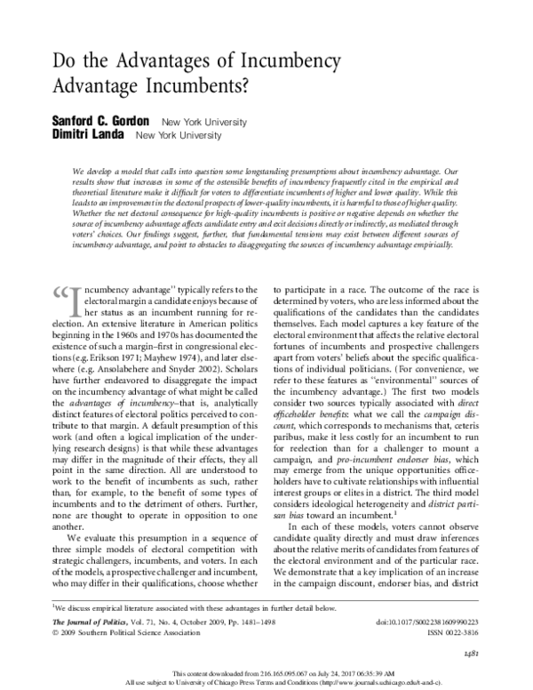 (PDF) Do the Advantages of Incumbency Advantage Incumbents?