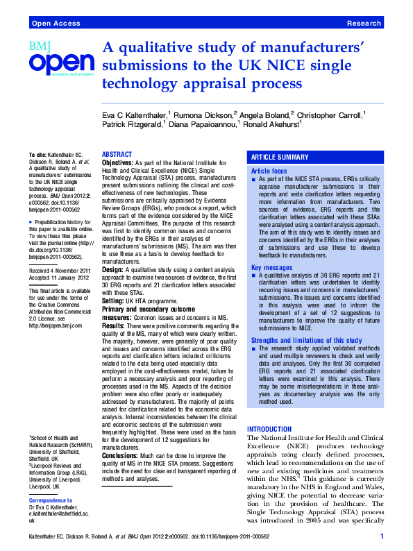 (PDF) A qualitative study of manufacturers' submissions to the UK NICE ...