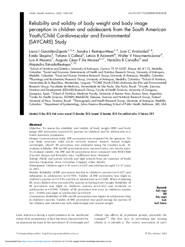 (PDF) Reliability and validity of body weight and body image perception ...