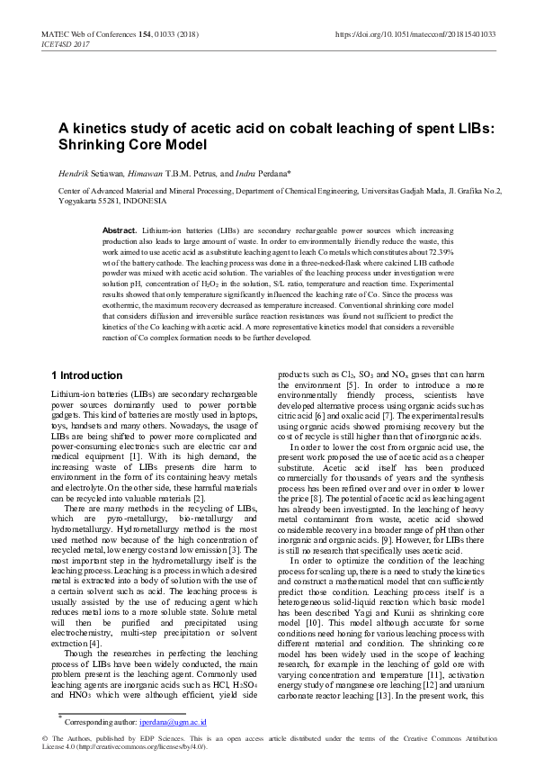 (PDF) A kinetics study of acetic acid on cobalt leaching of spent LIBs ...