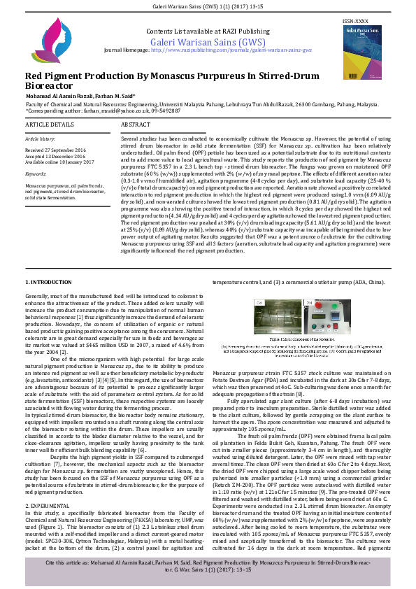 (PDF) Red Pigment Production By Monascus Purpureus In Stirred-Drum Bioreactor