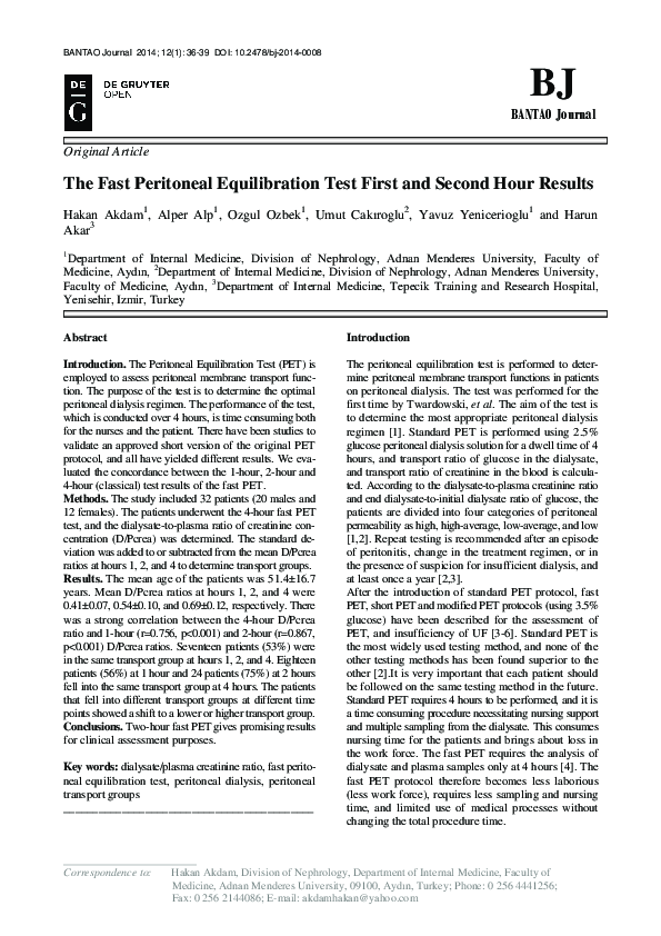 (PDF) The Fast Peritoneal Equilibration Test First and Second Hour Results