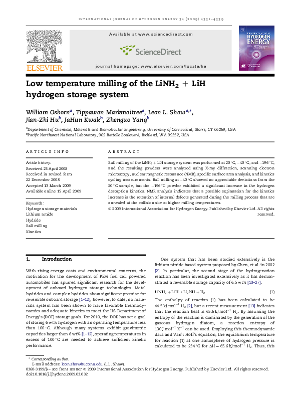 (PDF) Milling Impact on LiNH2 + LiH Hydrogen Storage