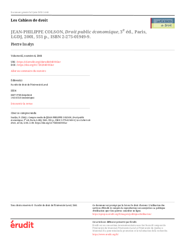 (PDF) JEAN-PHILIPPE COLSON, Droit public économique, 3éd., Paris, LGDJ ...