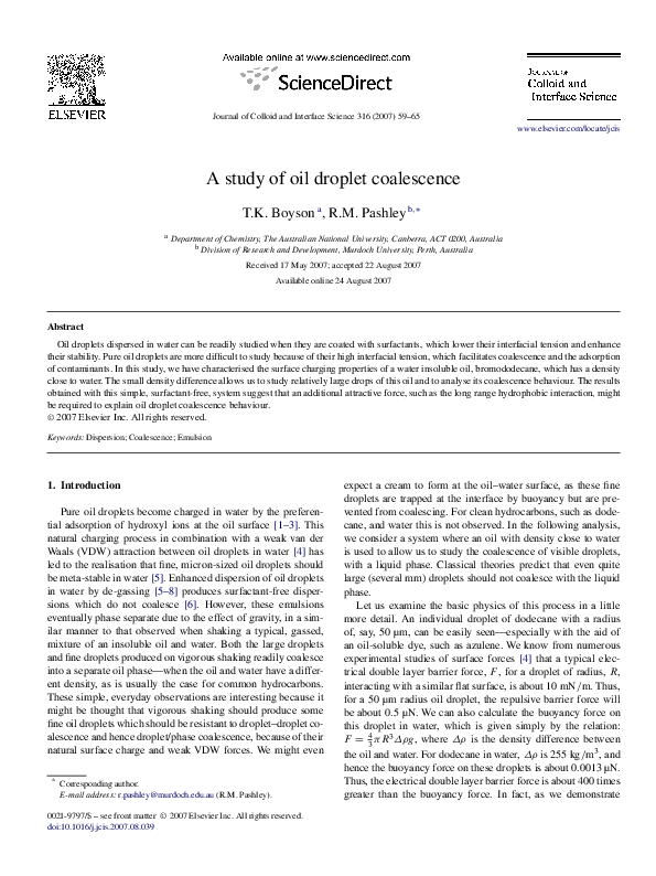 (PDF) A study of oil droplet coalescence (PDF) A study of oil droplet coalescence