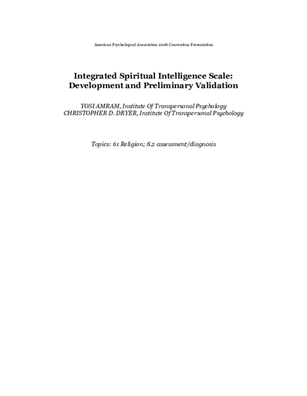 (PDF) Integrated Spiritual Intelligence Scale: Development and Preliminary Validation
