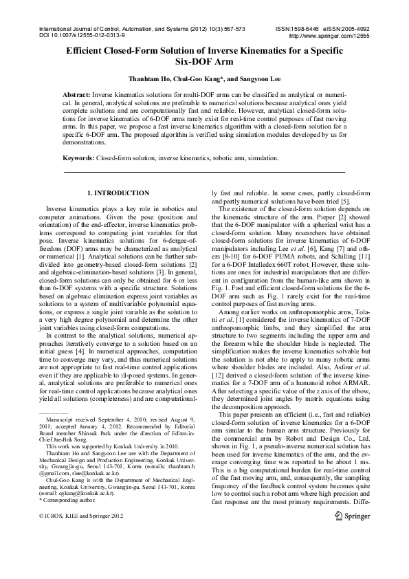Pdf Efficient Closed Form Solution Of Inverse Kinematics For A Specific Six Dof Arm