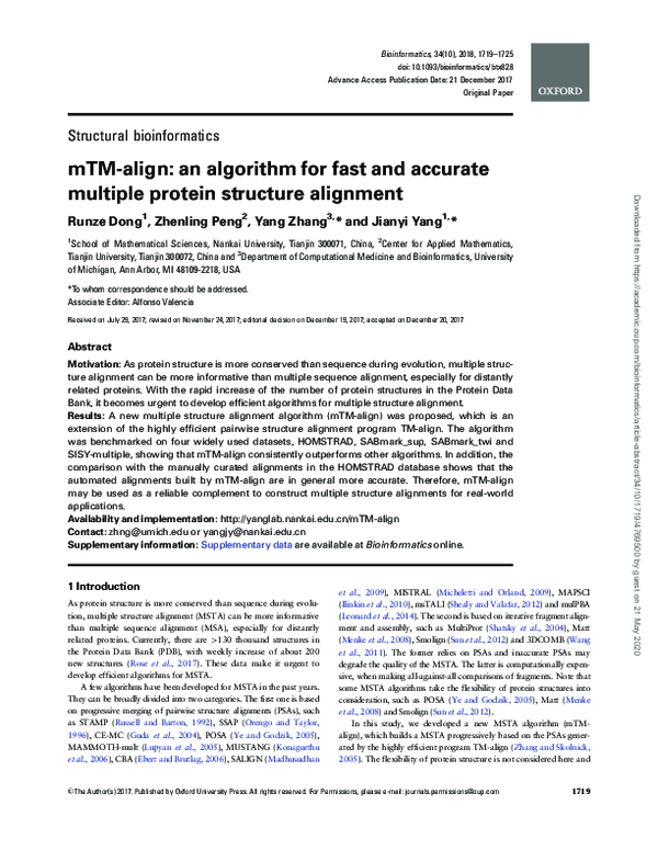 Pdf Mtm Align An Algorithm For Fast And Accurate Multiple Protein