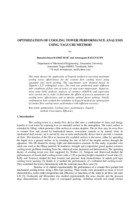 (PDF) Optimization of cooling tower performance analysis using Taguchi method