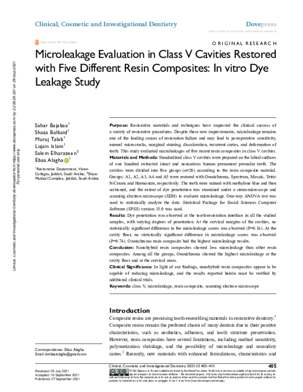 Pdf Microleakage Evaluation In Class V Cavities Restored With Five Different Resin Composites