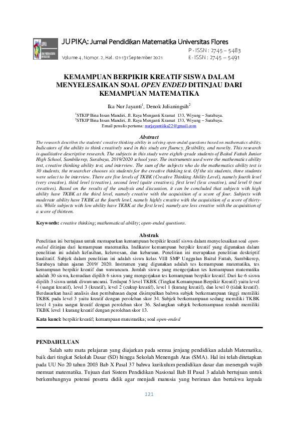 (PDF) Kemampuan Berpikir Kreatif Siswa Dalam Menyelesaikan Soal Open Ended Ditinjau Dari ...