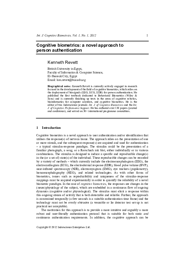 (PDF) Cognitive biometrics: a novel approach to person authentication
