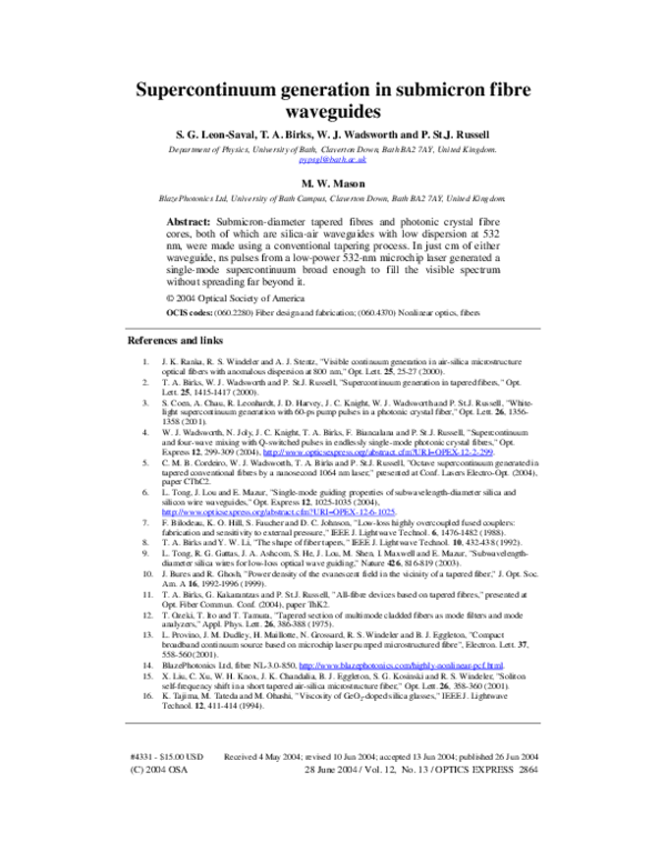 (PDF) Supercontinuum generation in submicron fibre waveguides