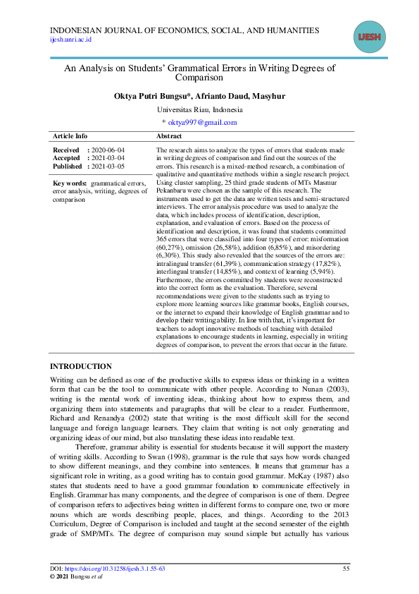 (PDF) An Analysis on Students' Grammatical Errors in Writing Degrees of Comparison