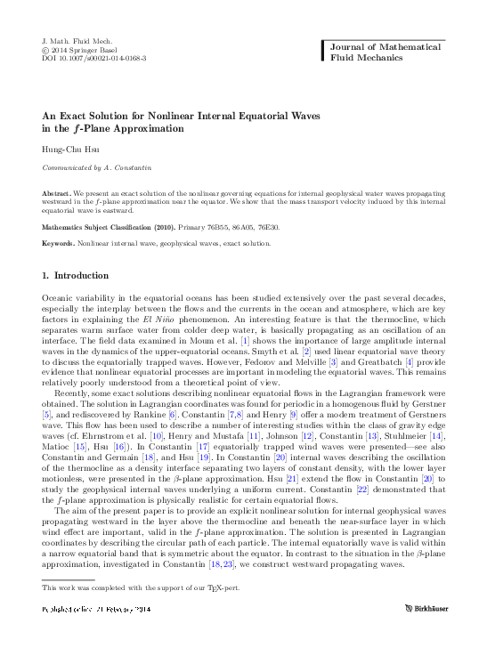 (PDF) Exact Solution of Nonlinear Equatorial Waves in f-Plane