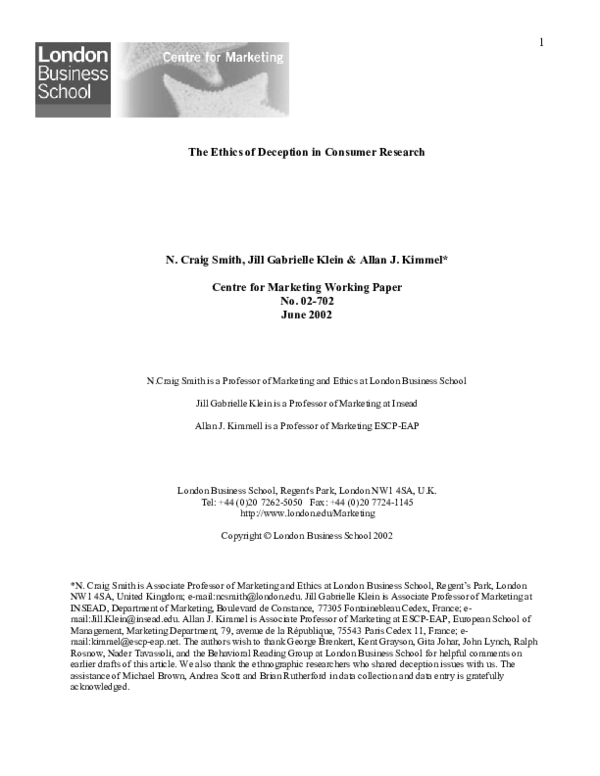(PDF) The ethics of deception in consumer research