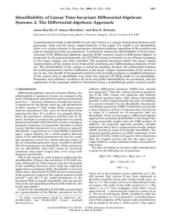 (PDF) Identifiability of Linear Time-Invariant Differential-Algebraic Systems. 2. The ...