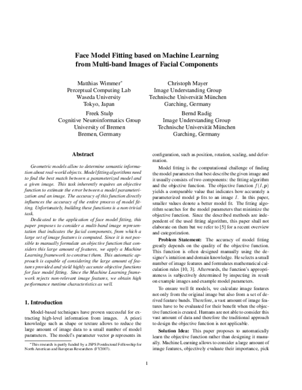 (PDF) Face model fitting based on machine learning from multi-band images of facial components