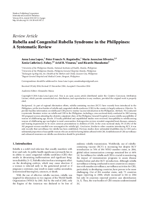 (PDF) Rubella and Congenital Rubella Syndrome in the Philippines: A ...
