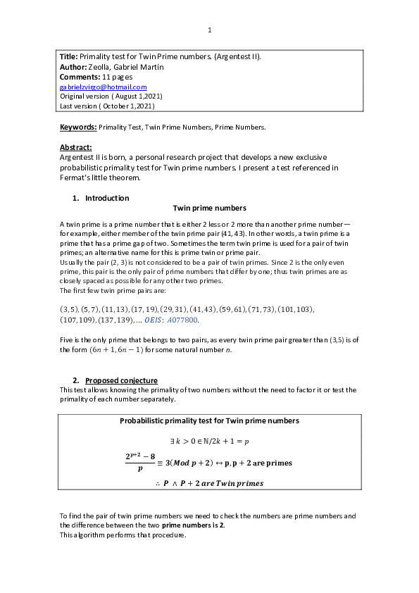 (PDF) Probabilistic Primality Test for Twin Primes in Python
