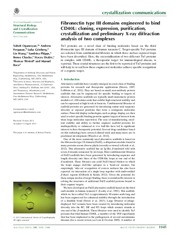 (PDF) Fibronectin type III domains engineered to bind CD40L: cloning, expression, purification ...