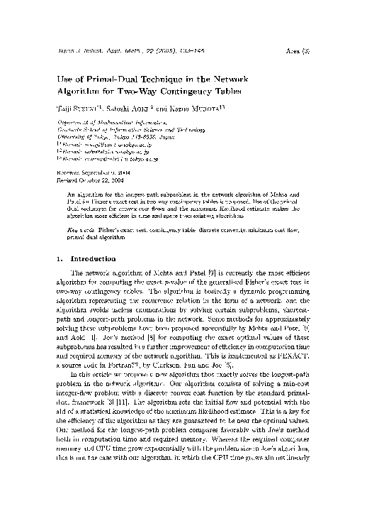 (PDF) Use of primal-dual technique in the network algorithm for two-way contingency tables ...