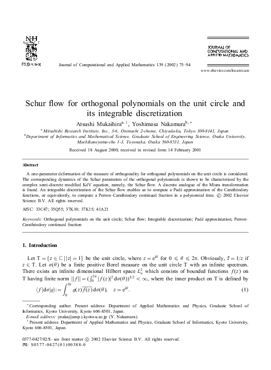 (PDF) Schur flow for orthogonal polynomials on the unit circle and its integrable discretization