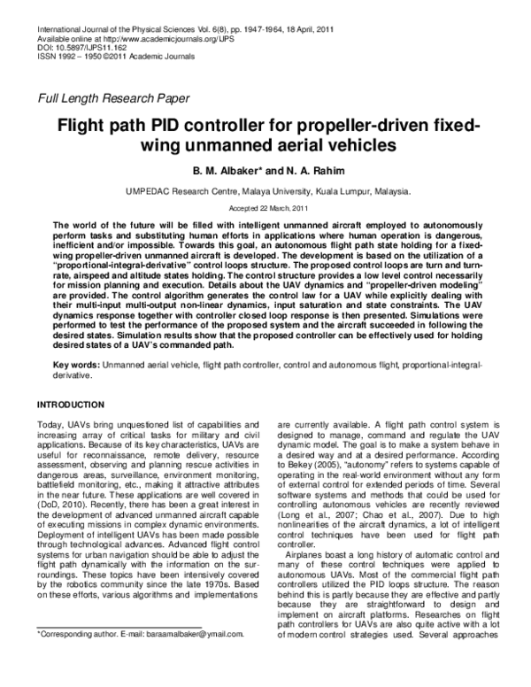 (PDF) Flight path PID controller for propeller-driven fixed- wing ...