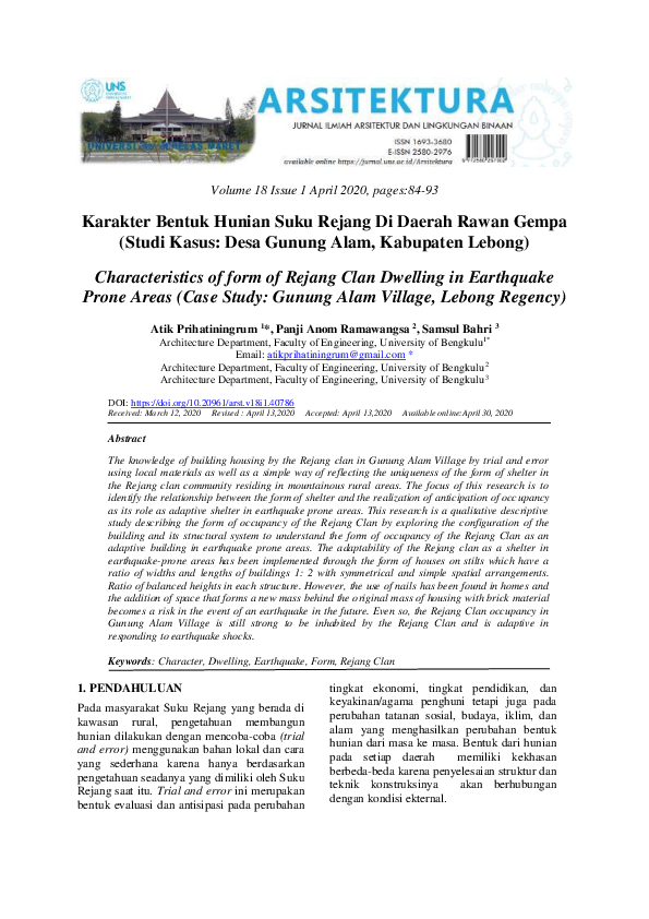 (PDF) Karakter Bentuk Hunian Suku Rejang Di Daerah Rawan Gempa (Studi ...