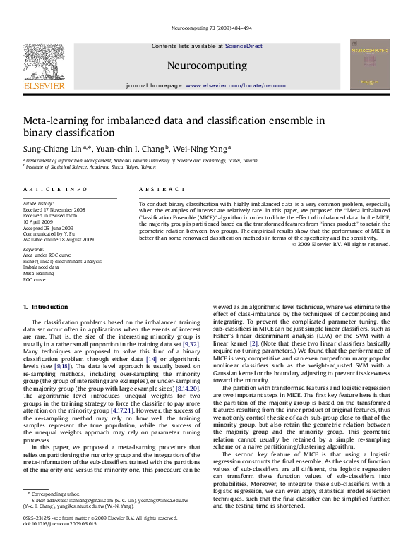 (PDF) Meta Imbalanced Classification Ensemble for Binary Data (PDF) Meta Imbalanced Classification Ensemble for Binary Data