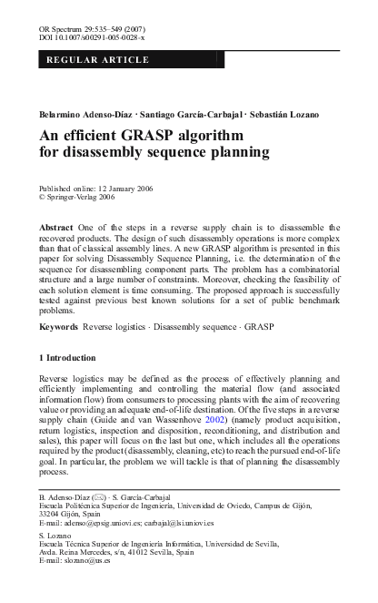 (PDF) An efficient GRASP algorithm for disassembly sequence planning (PDF) An efficient GRASP algorithm for disassembly sequence planning