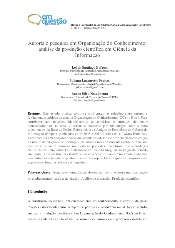 (PDF) Autoria e pesquisa em Organização do Conhecimento: análise da ...