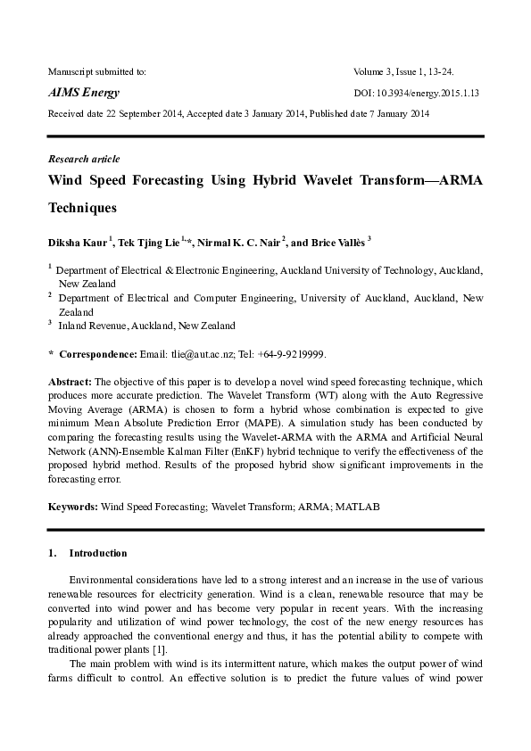 (PDF) Wind Speed Forecasting Using Hybrid Wavelet Transform- ARMA Techniques | Brice Valles ...