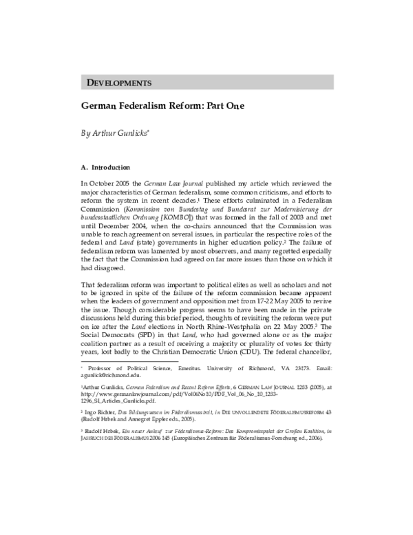 (PDF) German Federalism Reform: Part One