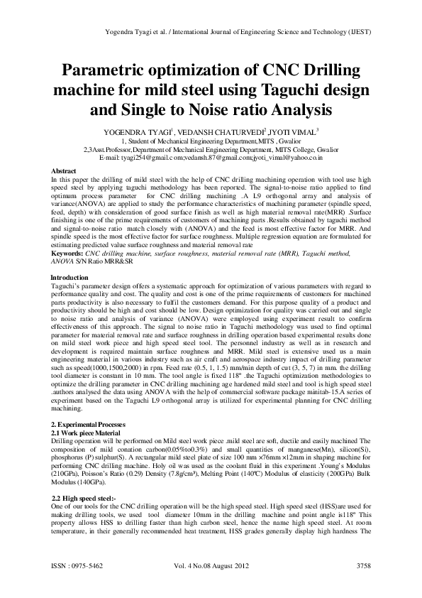 (PDF) Parametric optimization of CNC Drilling machine for mild steel using Taguchi design and ...