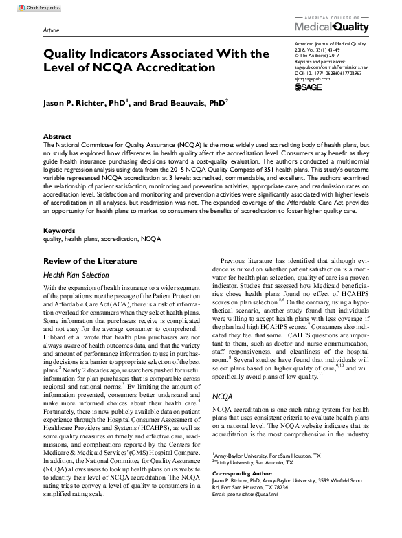 (PDF) Quality Indicators Associated With the Level of NCQA Accreditation
