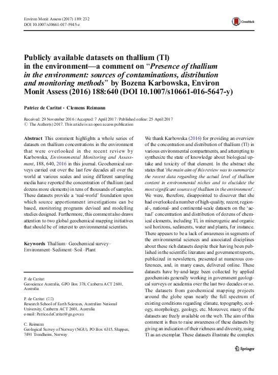 (PDF) Publicly available datasets on thallium (Tl) in the environment-a ...