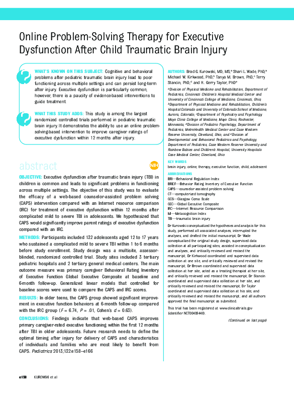 (PDF) Online Problem-Solving Therapy for Executive Dysfunction After Child Traumatic Brain Injury