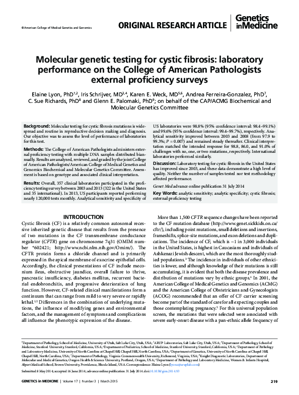 Molecular genetic testing for cystic fibrosis: laboratory performance ...