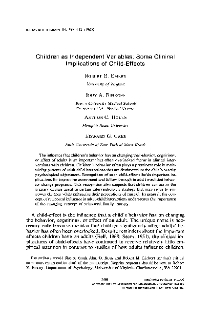 (PDF) Children as independent variables: Some clinical implications of ...