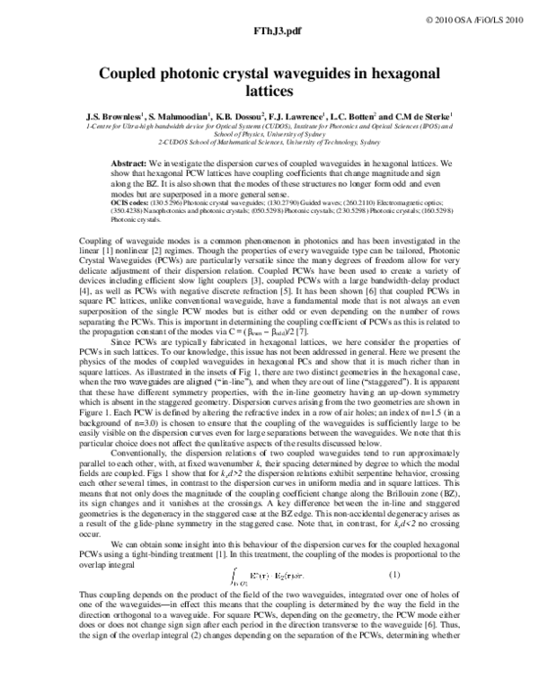 (PDF) Coupled Photonic Crystal Waveguide in Hexagonal Lattices