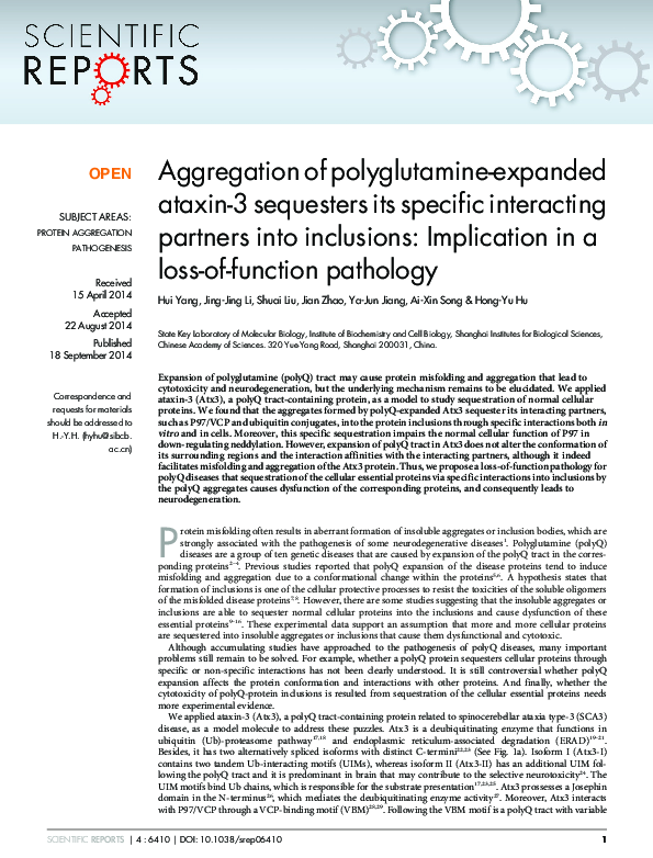 (PDF) Aggregation of polyglutamine-expanded ataxin-3 sequesters its specific interacting ...