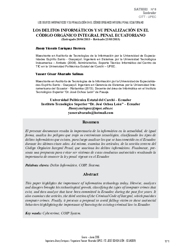 (PDF) Los delitos informáticos y su penalización en el código orgánico ...