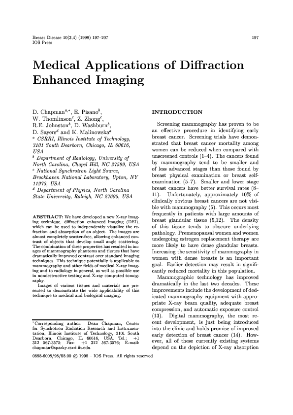 (PDF) Medical application of diffraction enhanced imaging